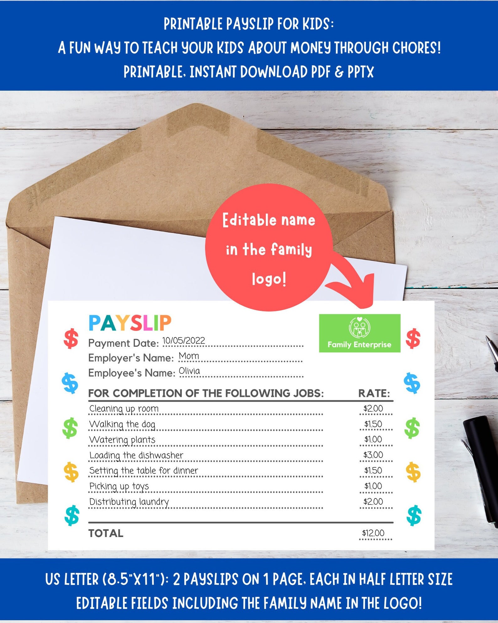 Editable Kids Reward Payslip: Chore Chart, Printable PDF + PPTX - Etsy