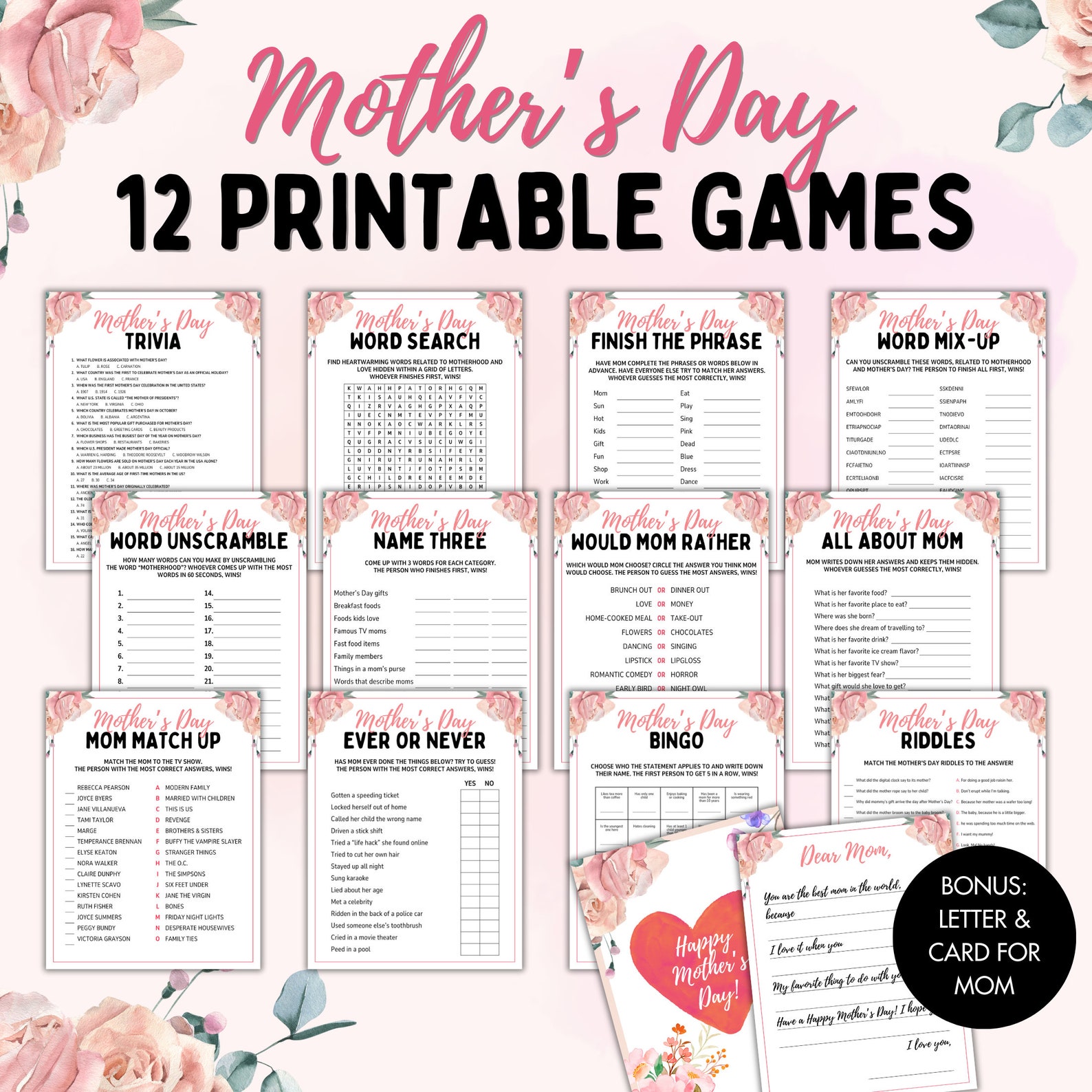 Mothers Day Printable Games, Mothers Day Game Bundle, Mothers Day Party ...