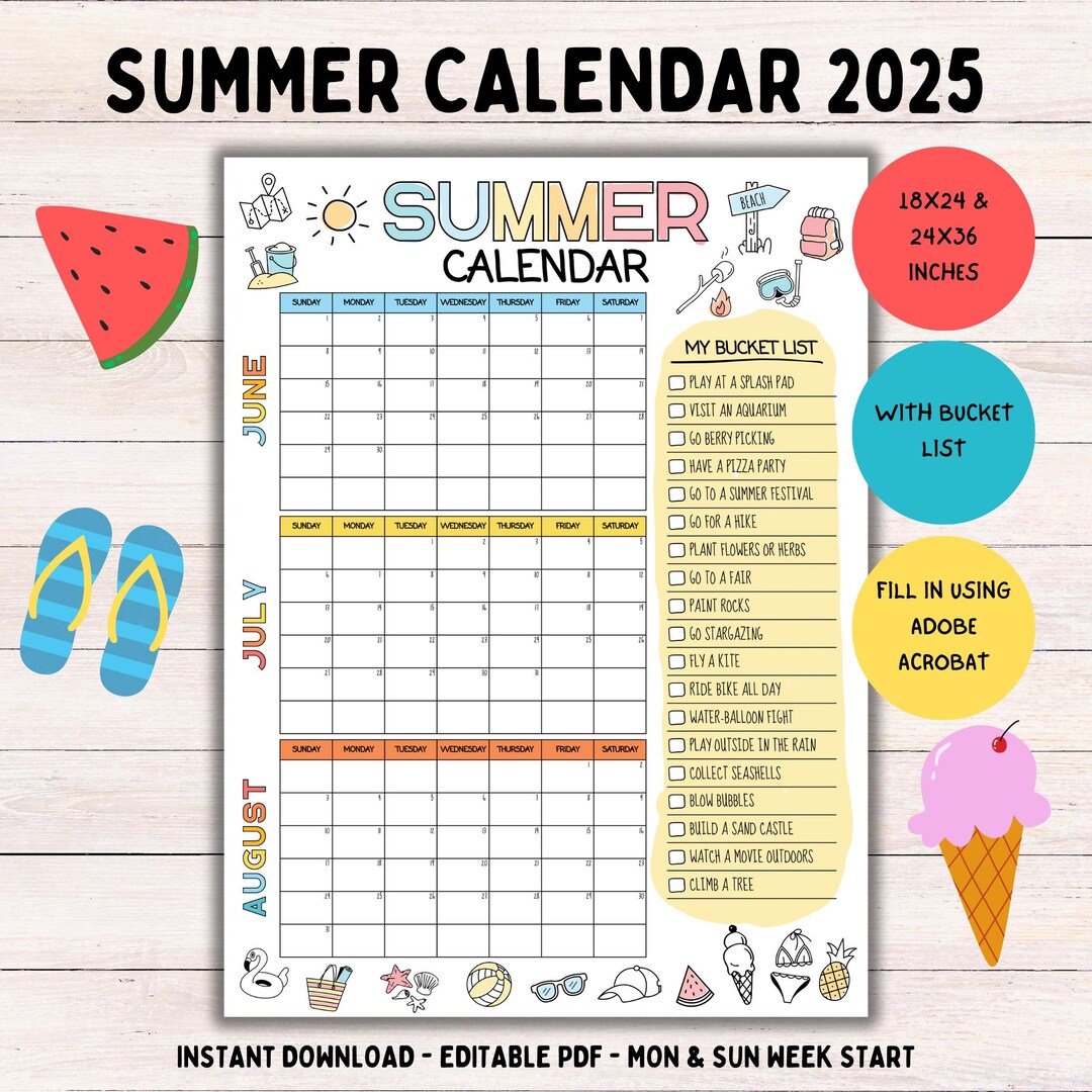 Editable Summer 2025 Calendar Poster | Summer Wall Calendar | Summer ...