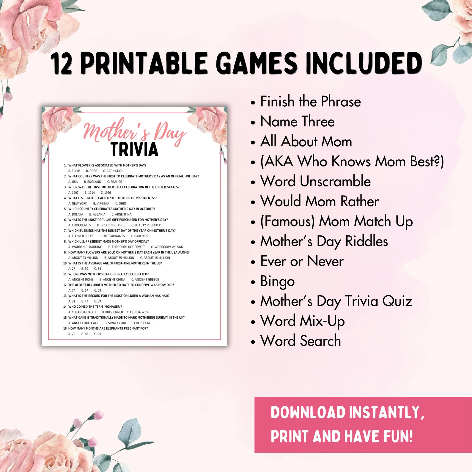 Mothers Day Printable Games, Mothers Day Game Bundle, Mothers Day Party ...