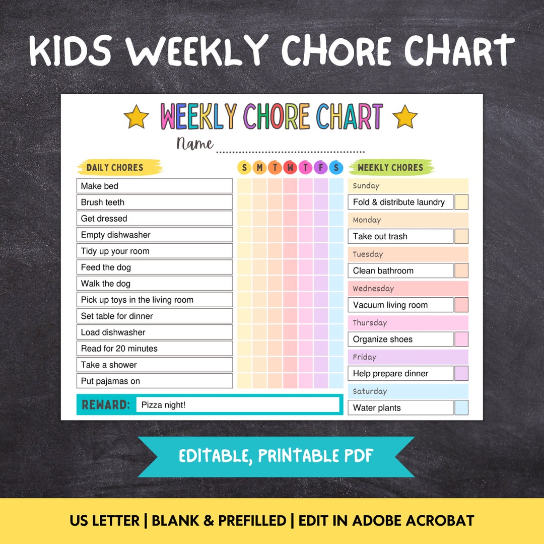 Editable Chore Chart for Kids, Printable Kids Chore List, Kids Daily ...