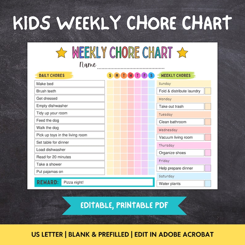 Editable Chore Chart for Kids, Printable Kids Chore List, Kids Daily ...