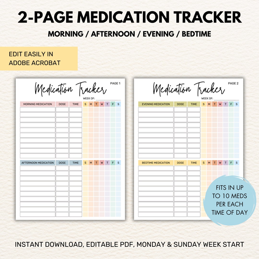 2-page Weekly Medication Tracker: Printable Supplement Log (editable ...