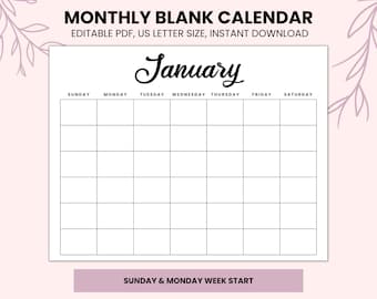 Minimalist Monthly Calendar Printable Undated - Etsy