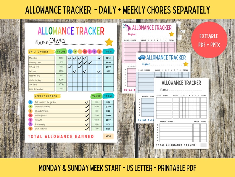 Kids Chore Chart: Daily & Weekly Allowance Tracker (editable PDF) - Etsy