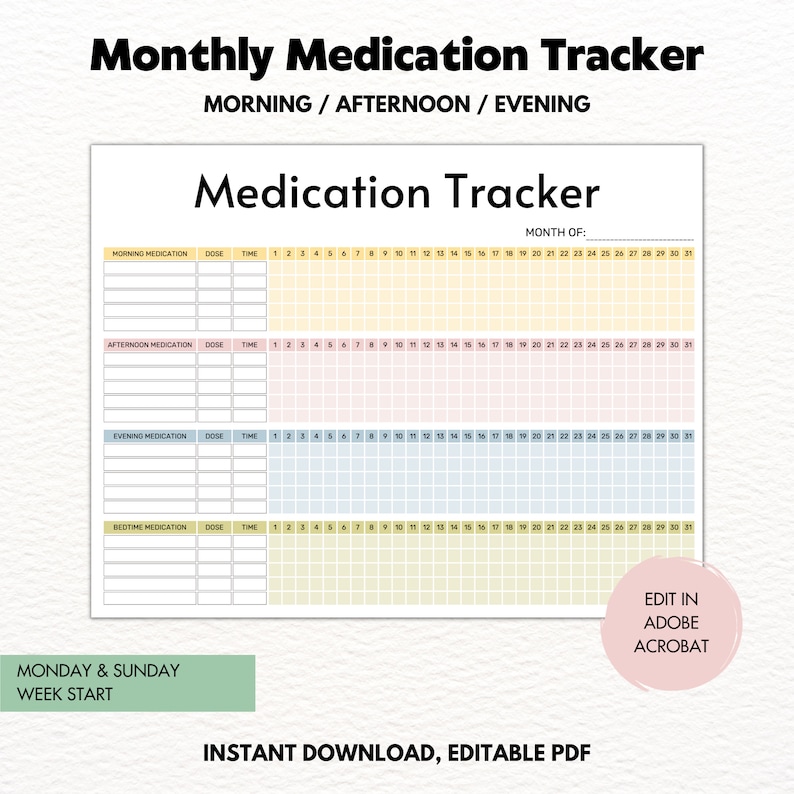 Boho Monthly Medication Tracker: Printable Medicine & Supplement Log ...