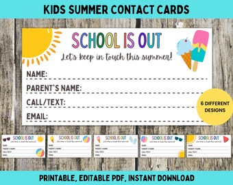 Printable Summer Contact Card, End of School Cards for Kids, Play Date ...