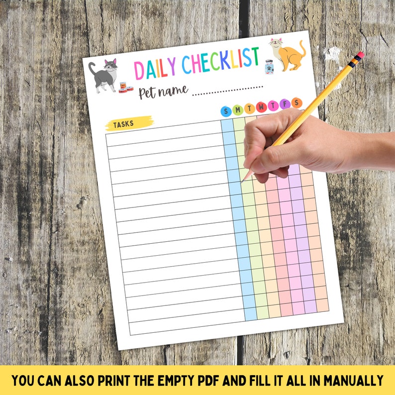 Daily Cat Care Checklist Printable Pet Care Tracker Editable - Etsy
