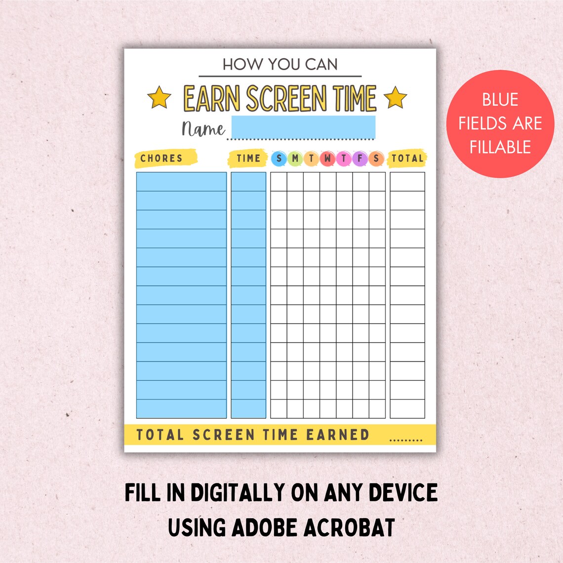 Printable Kids Screen Time Chart, Screentime Checklist, Editable Earn ...