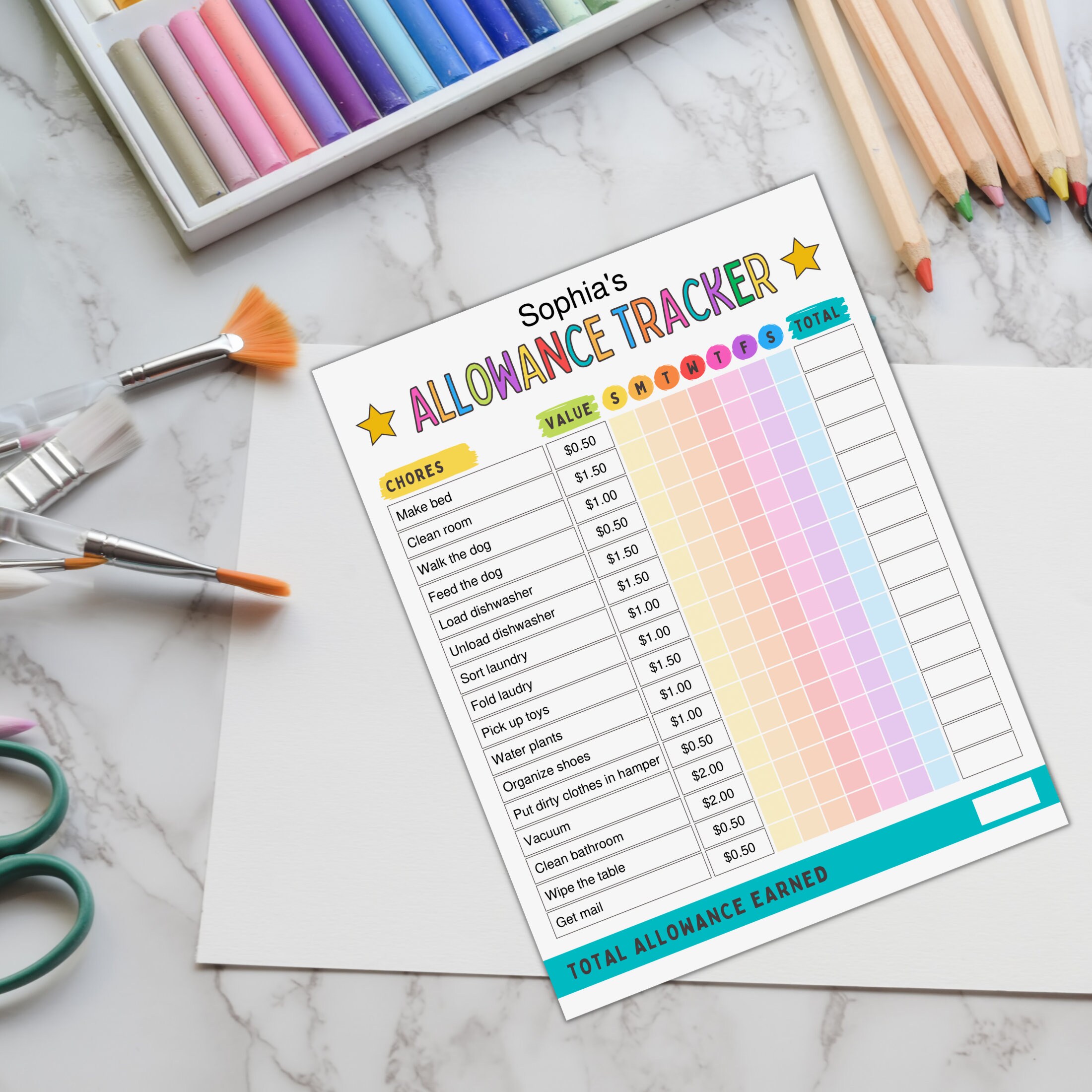 Editable Kids Allowance Chore Chart: Money Reward Tracker (PDF) - Etsy