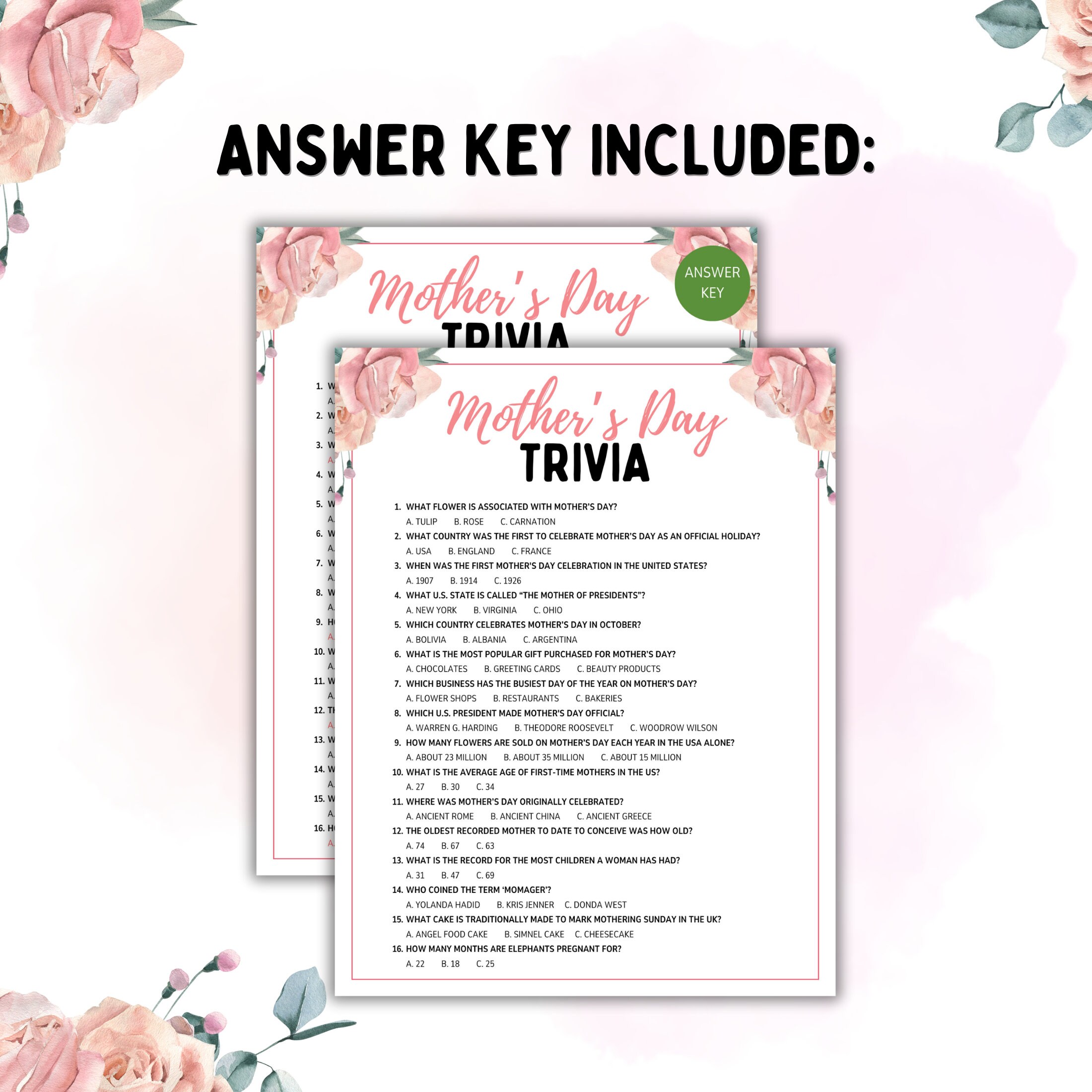 Mother's Day Trivia Quiz, Mothers Day Games, Mothers Day Party Game ...