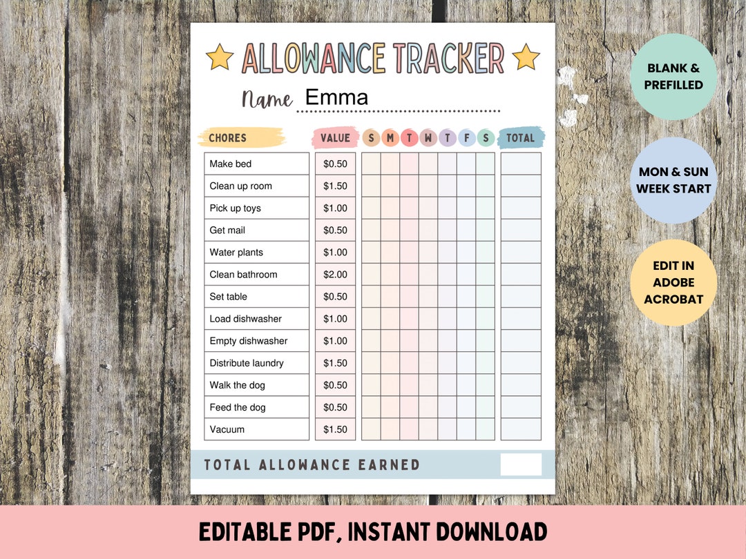 Allowance Tracker for Kids Editable Allowance Chart for Kids - Etsy