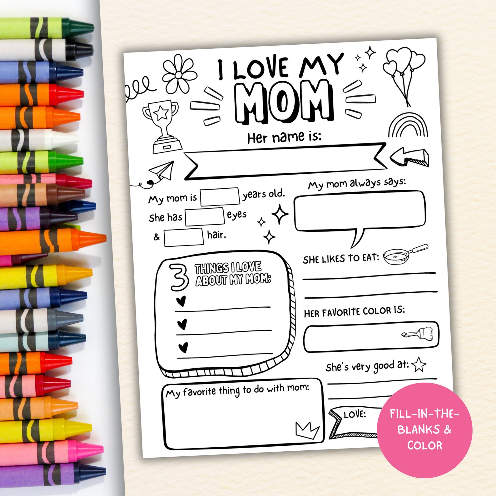 I Love My Mom Printable, All About My Mom Fill in Questionnaire, Mother ...