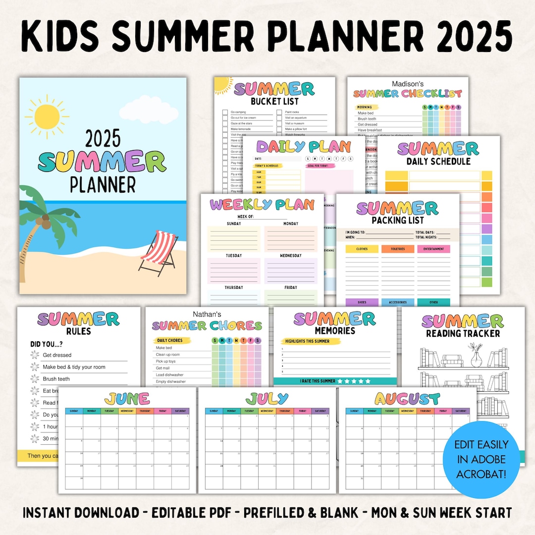 Printable Editable Summer Planner 2025 for Kids, Summer Calendar ...
