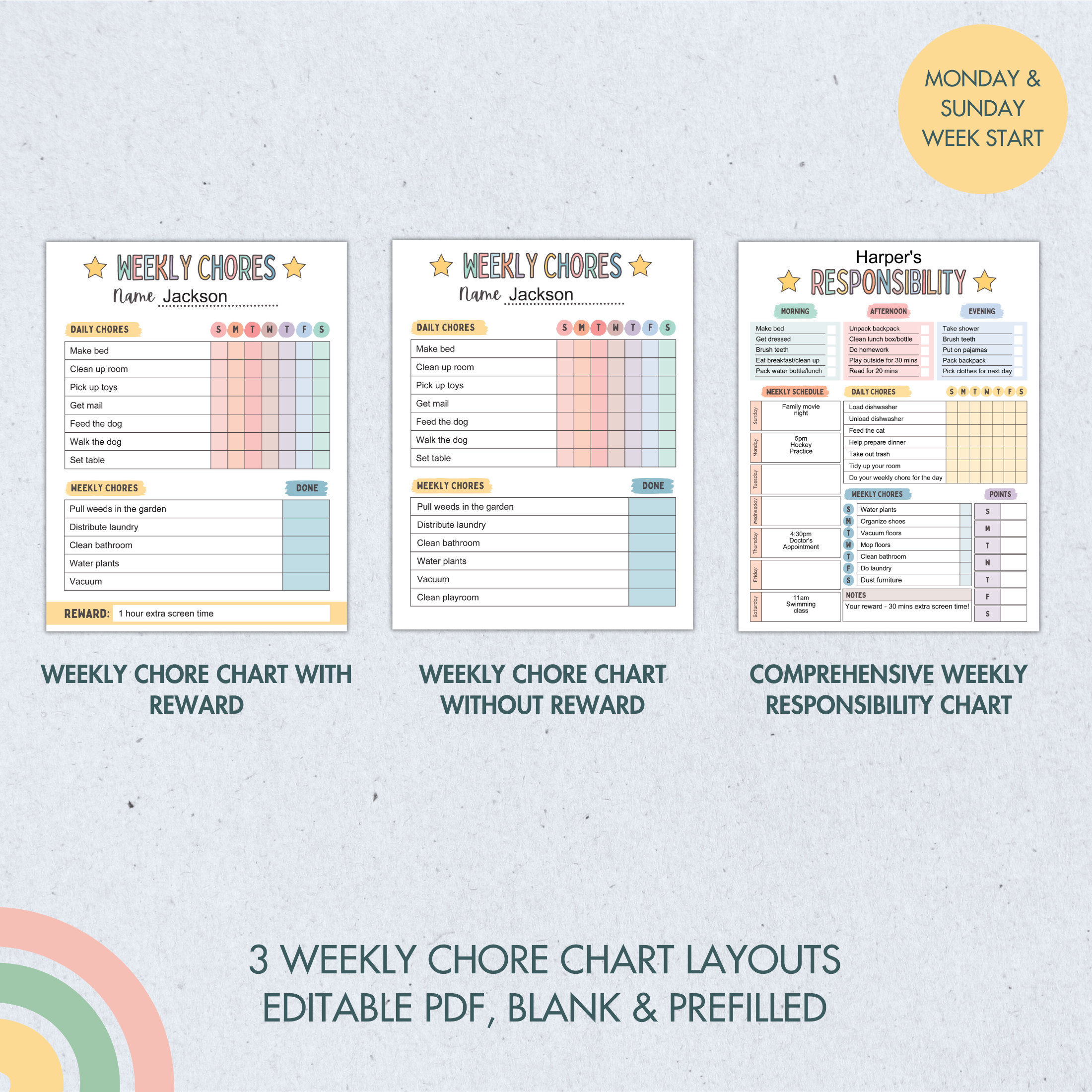 Editable Kids Chore Charts, Allowance, Reward Chart, Screen Time, Daily ...