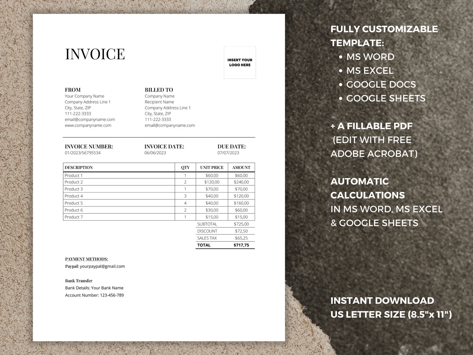 Editable Invoice Template: Word, Excel, Google Docs, PDF (US Letter) - Etsy