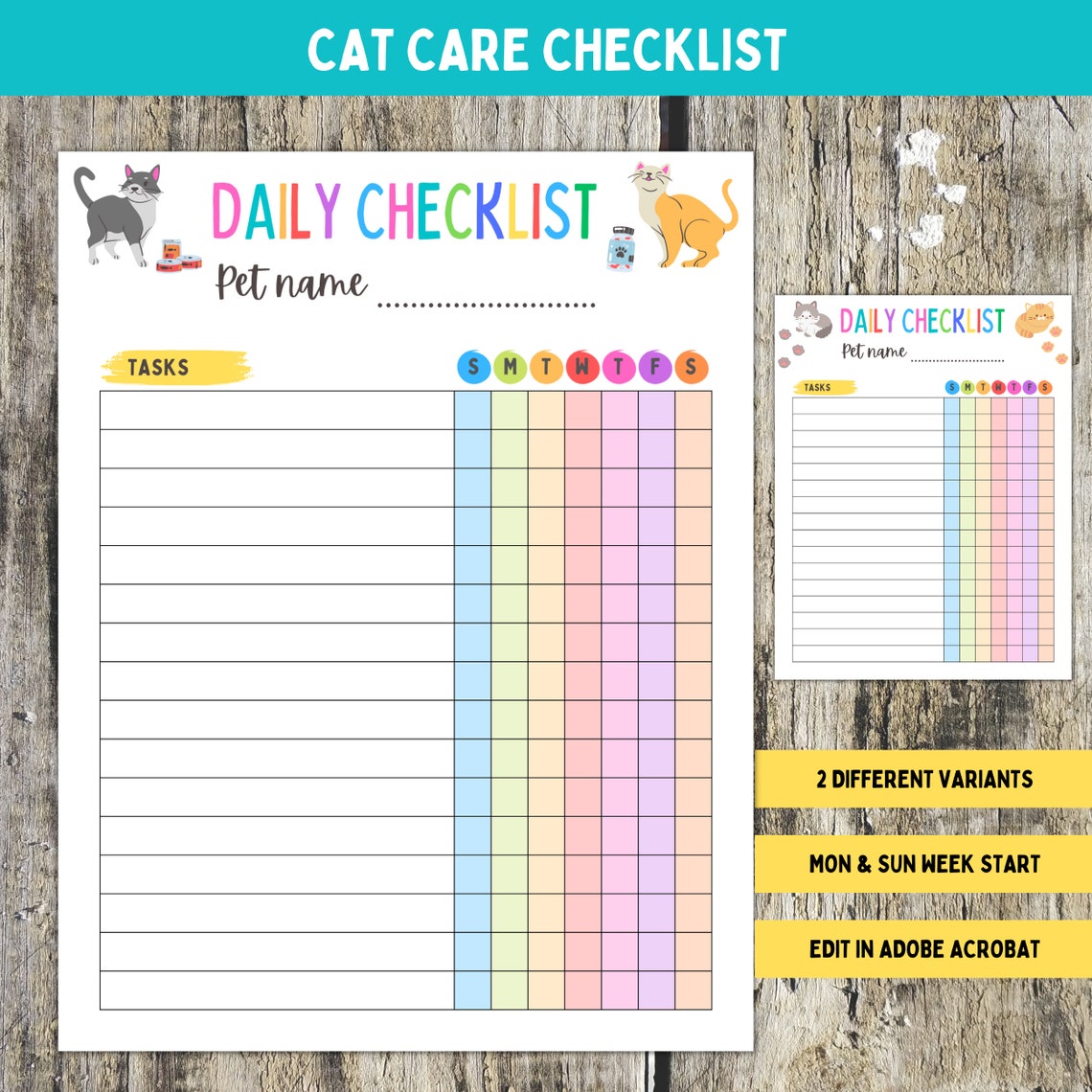 Daily Cat Care Checklist Printable Pet Care Tracker Editable - Etsy