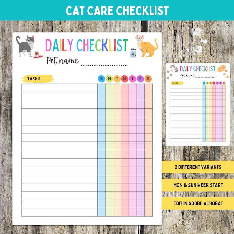 Daily Cat Care Checklist, Printable Pet Care Tracker, Editable Pet Care ...
