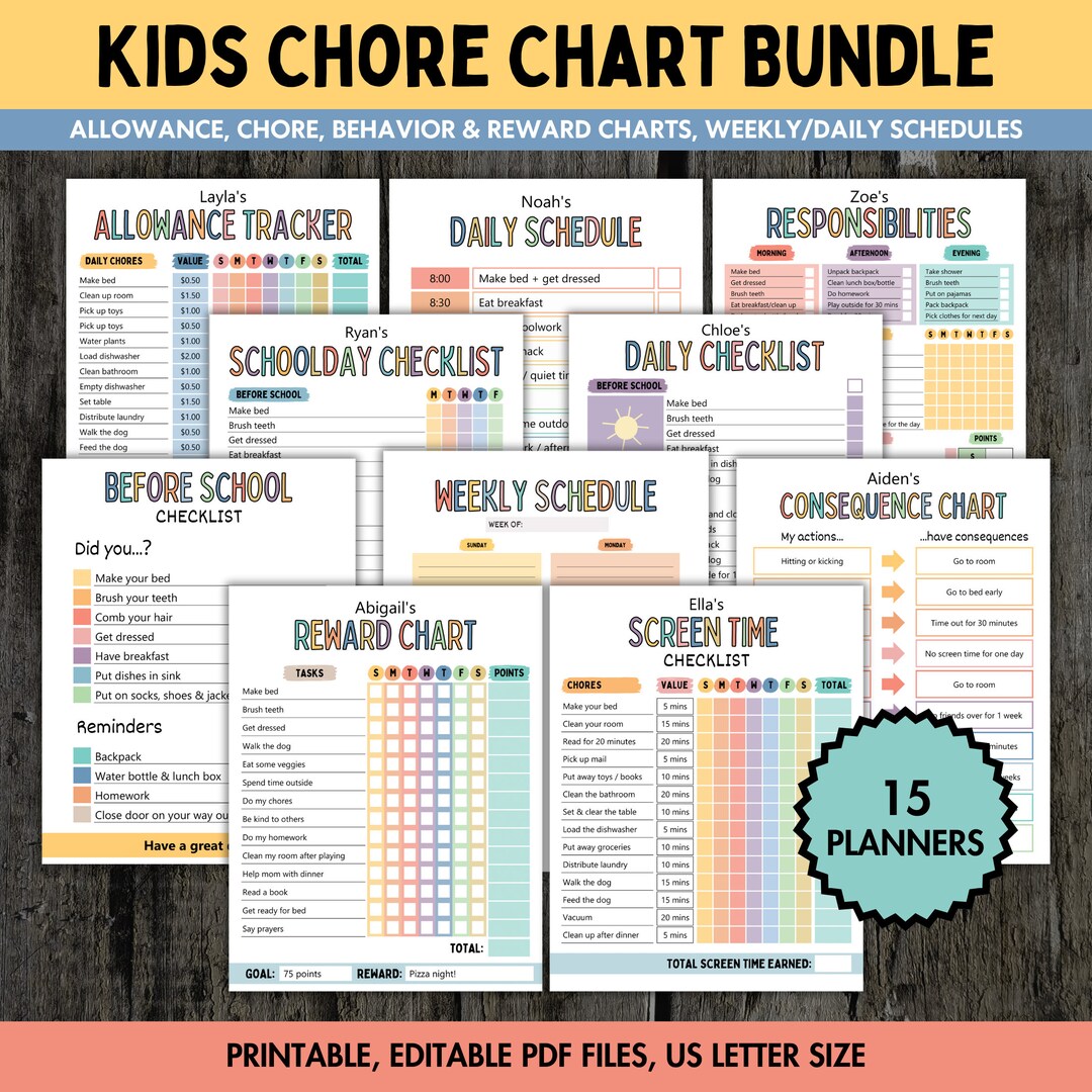 Kids Chore Chart Bundle: Editable Daily & Weekly Planner (PDF) - Etsy
