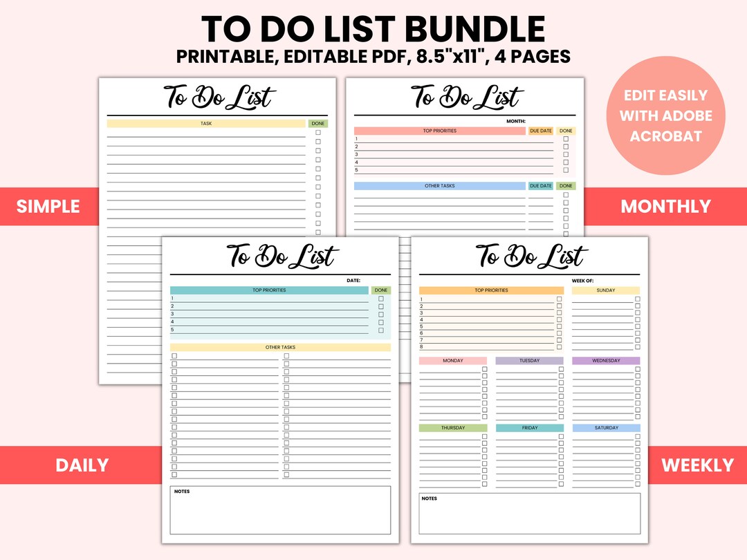 Printable to Do List, Editable Daily, Weekly, Monthly to Do List Bundle ...