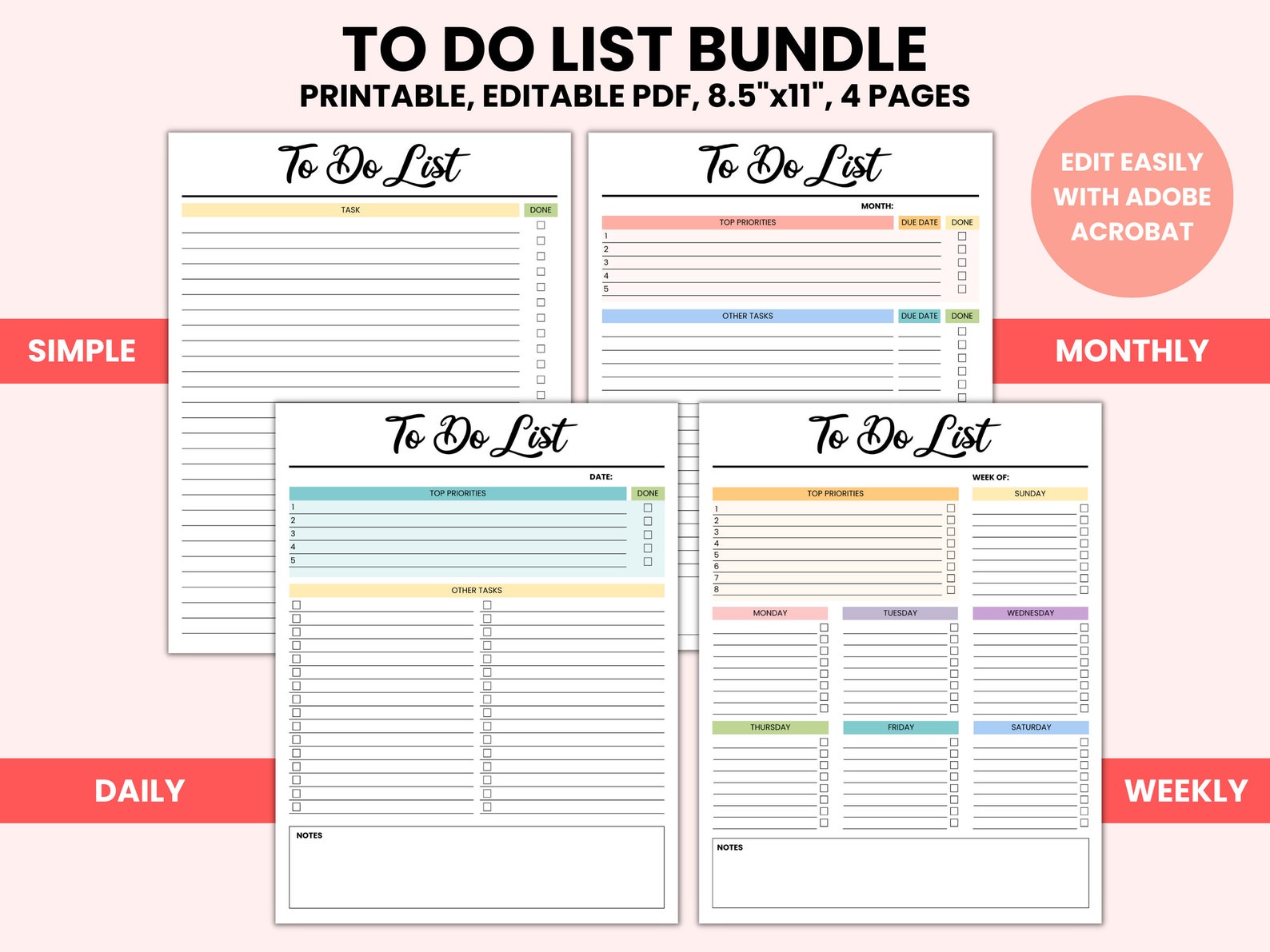 Editable to Do List Bundle: Daily, Weekly, Monthly Planner (digital PDF ...