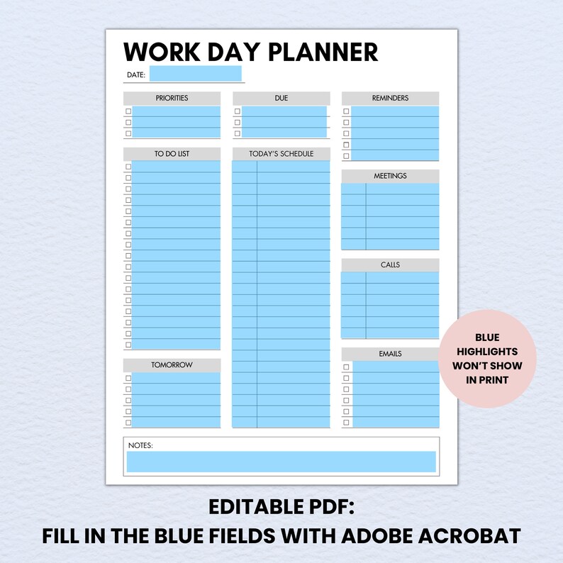 Printable Work Planner, Editable Work Log, Work Day Planner, Fillable ...