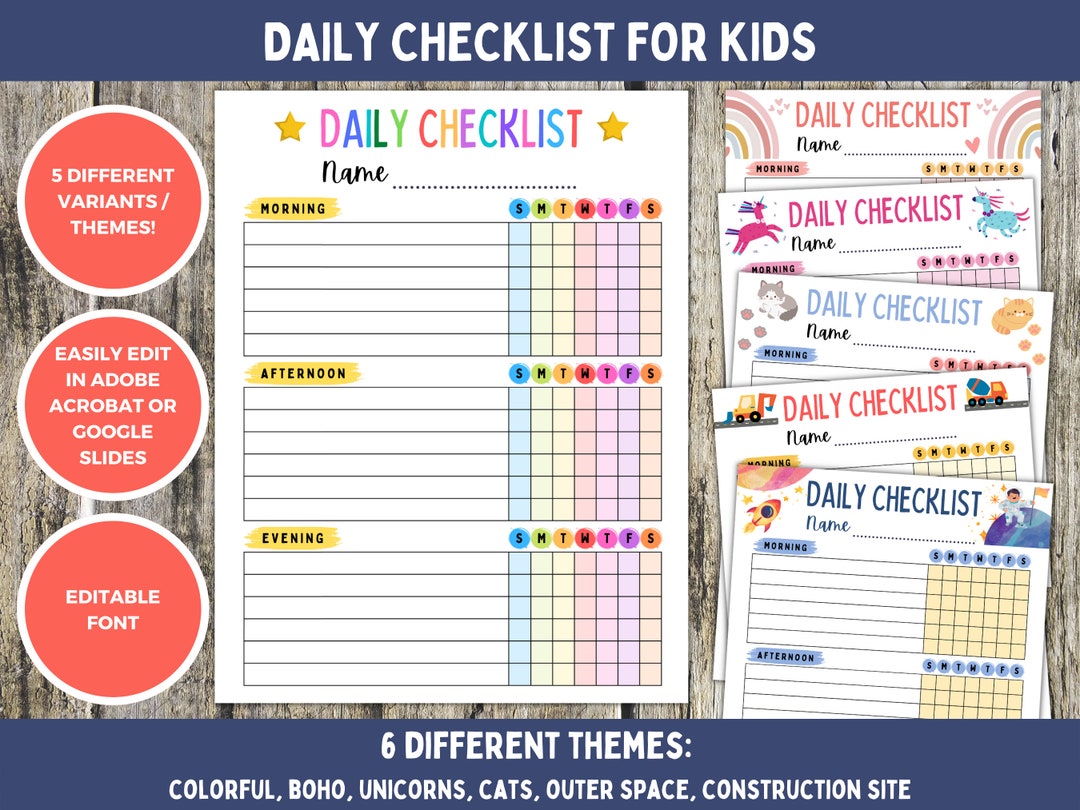 Printable Kids Daily Checklist, Editable Daily to Do List for Kids ...