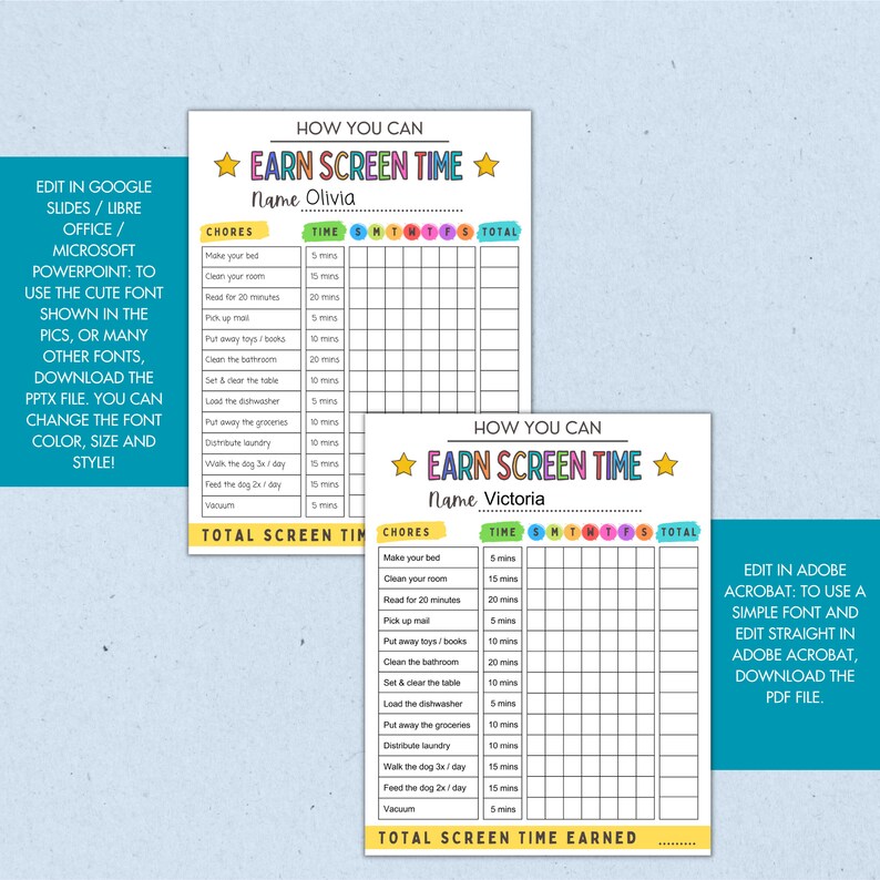Kids Screen Time Checklist: Editable Chore Chart (PDF, PPTX) - Etsy