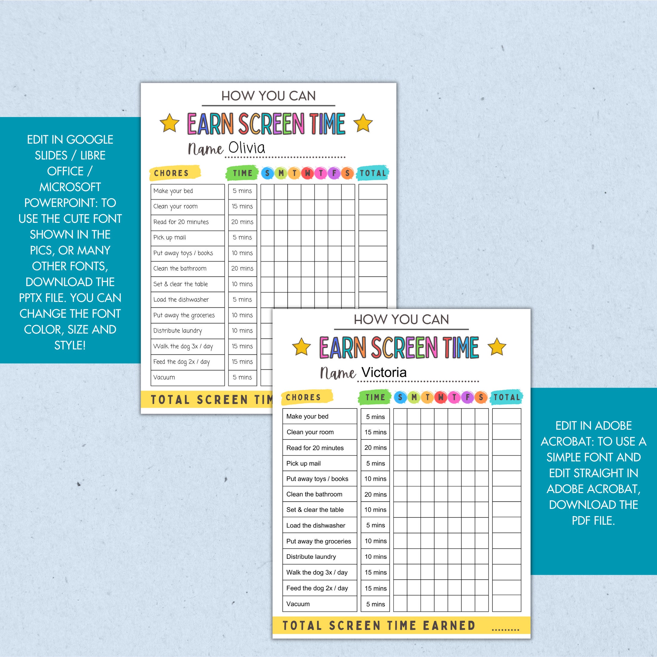 Kids Screen Time Checklist: Editable Chore Chart (PDF, PPTX) - Etsy