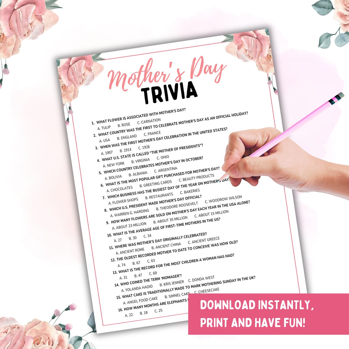 Mother's Day Trivia Quiz, Mothers Day Games, Mothers Day Party Game ...