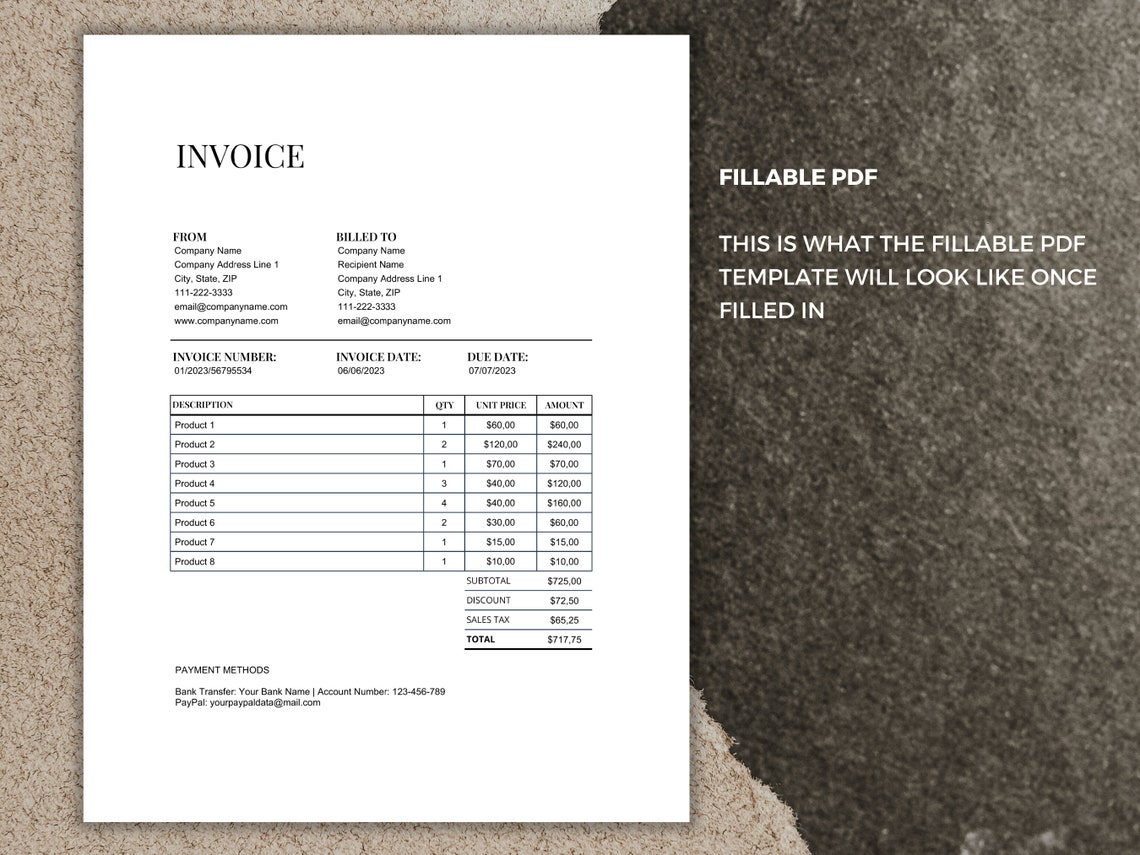Editable Invoice Template: Word, Excel, Google Docs, PDF (US Letter) - Etsy