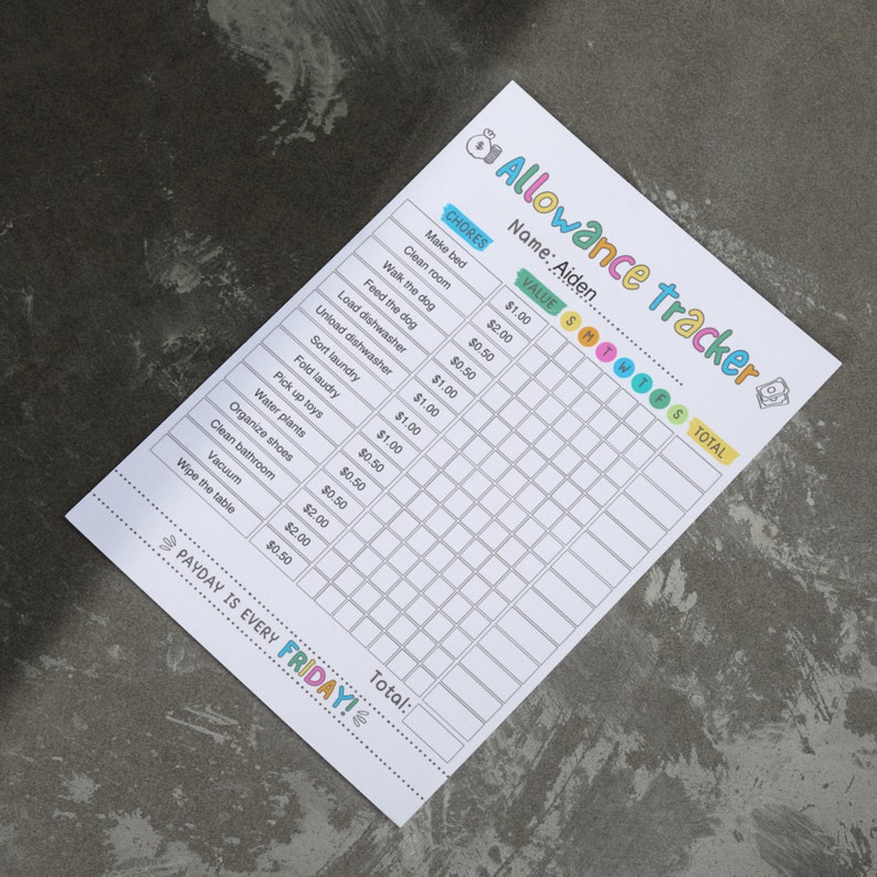 Kids Allowance Chart, Allowance Tracker, Editable, Chore Chart for Kids ...
