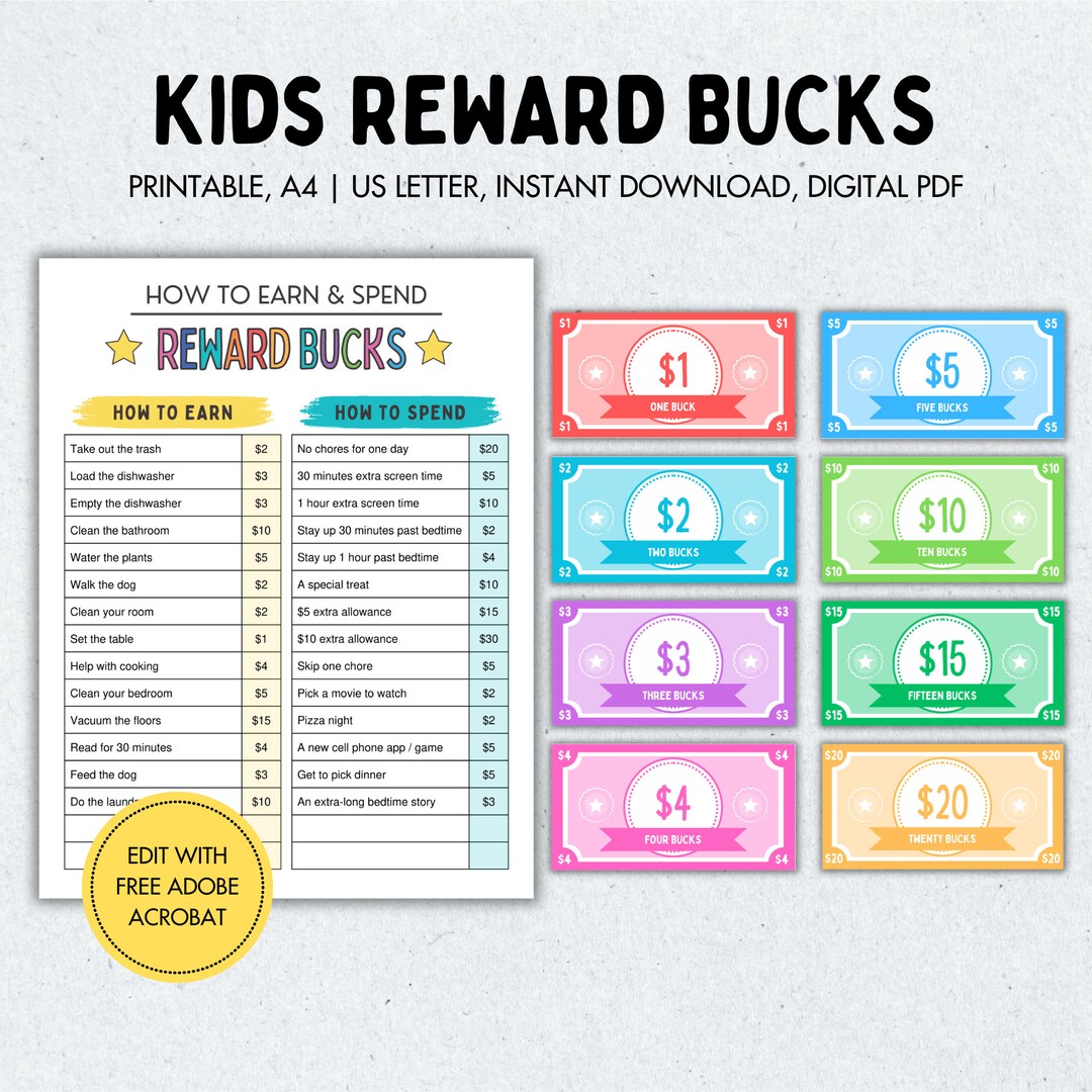 Editable Kids Reward Bucks, Printable Mom Bucks, Chore Bucks, Good ...