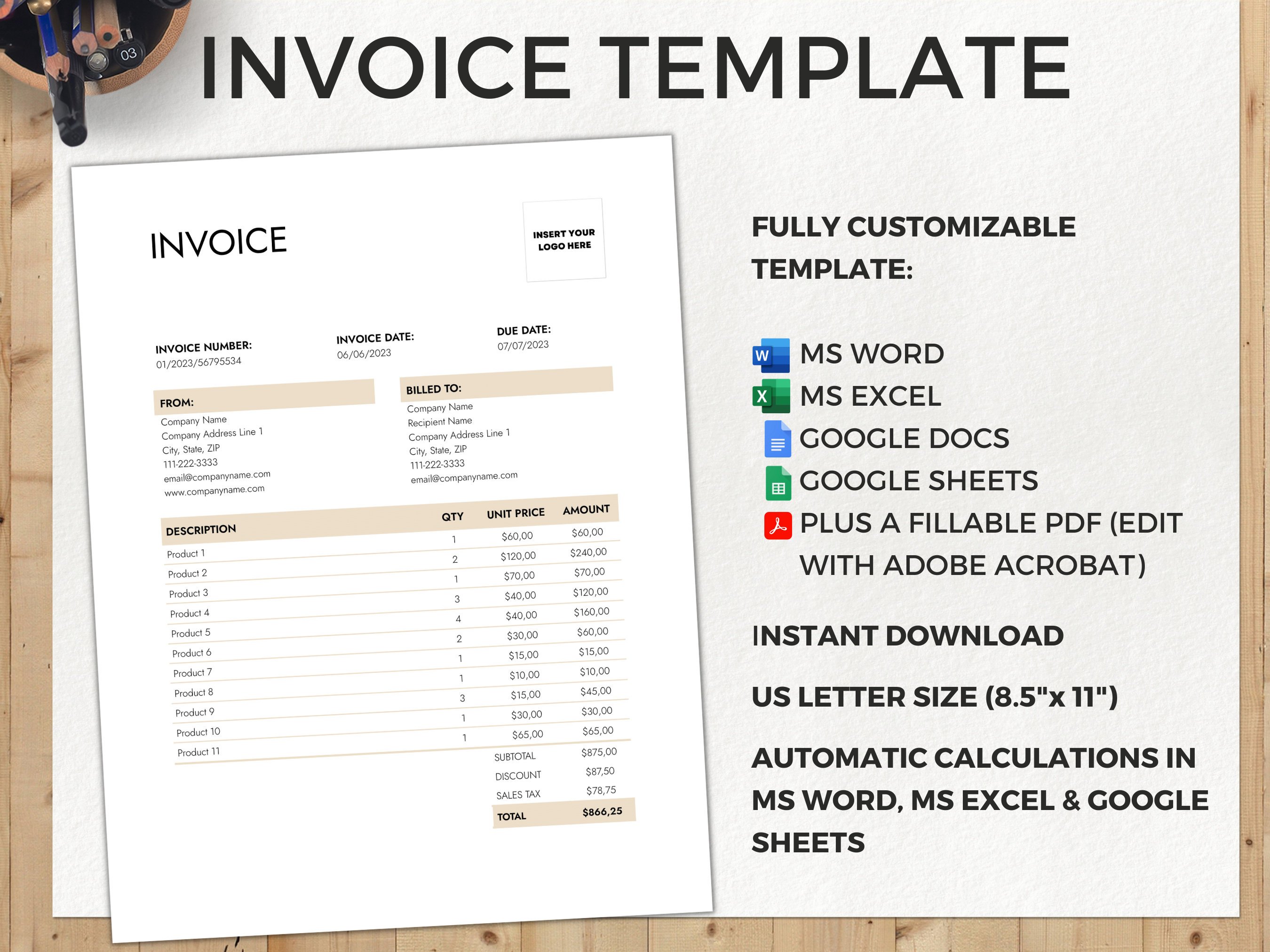 Invoice Template for Small Business, Printable, Digital Download ...