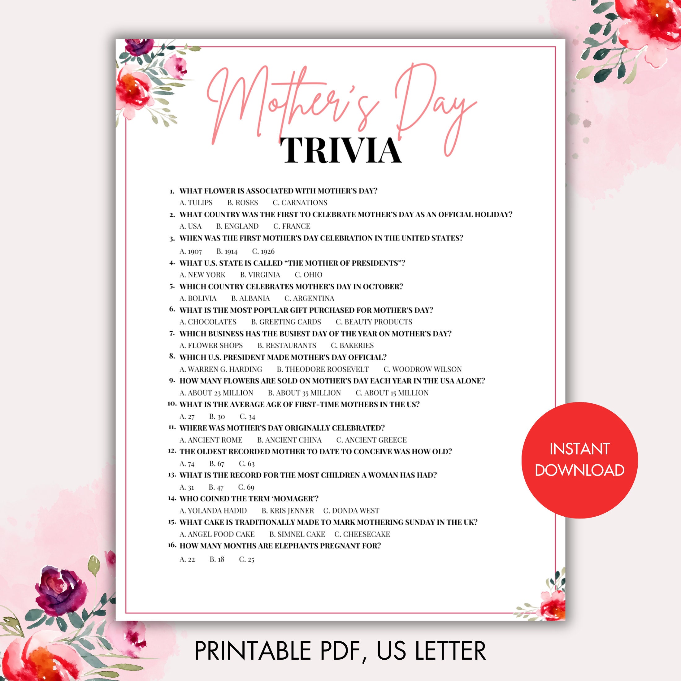 Mother's Day Trivia, Mothers Day Games, Mothers Day Party Game ...