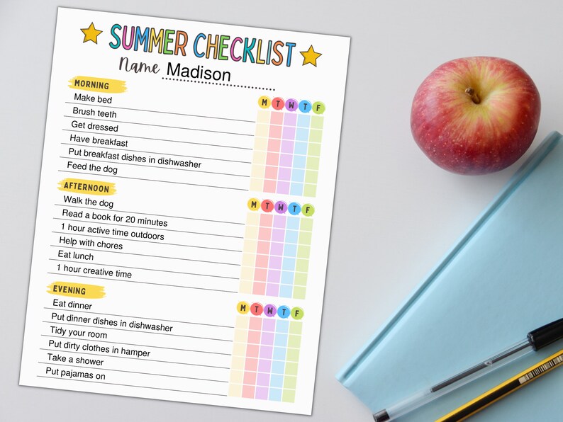 Printable Summer Checklist for Kids, Editable Kids Responsibility Chart ...