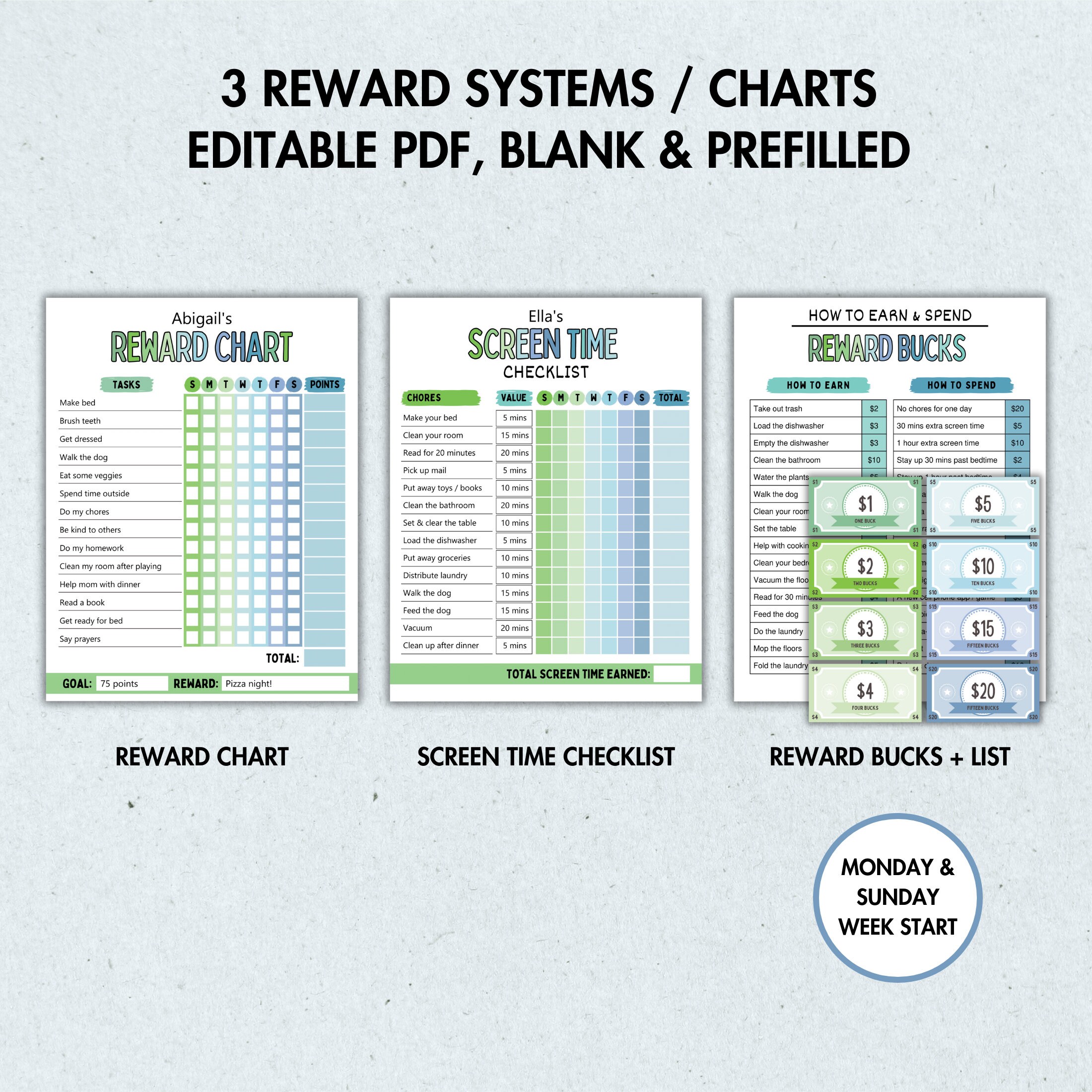 Editable Kids Chore Charts, Allowance Tracker, Schoolday Routine, Daily ...