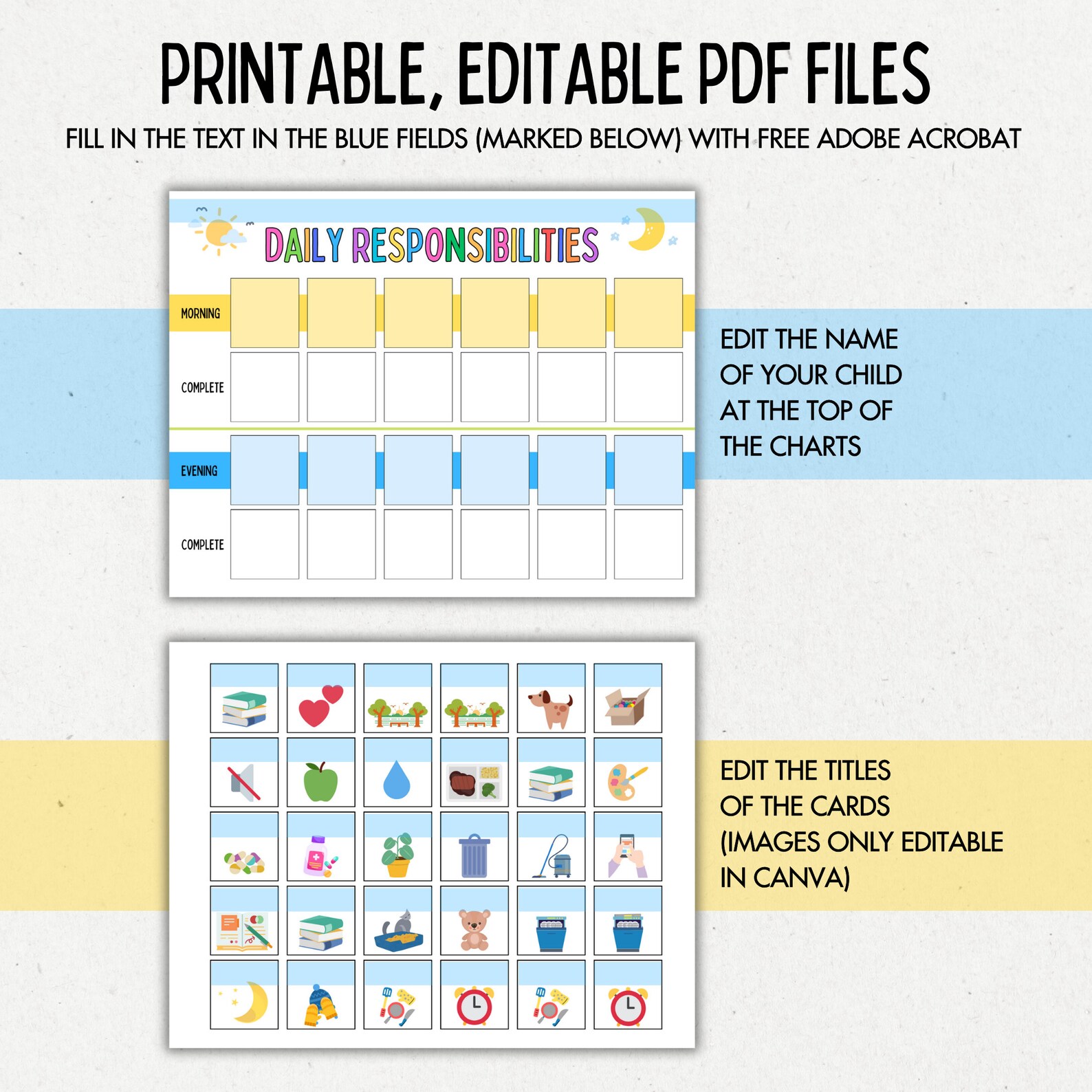 Kids Visual Routine Cards & Chart, Printable Daily Routine, Editable ...