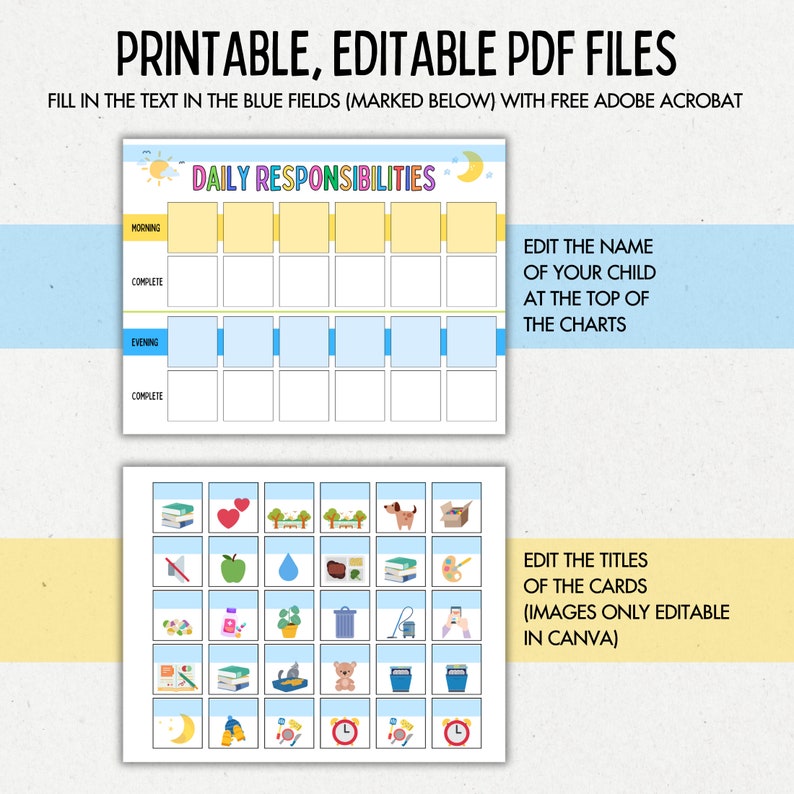 Kids Visual Routine Cards & Chart, Printable Daily Routine, Editable ...