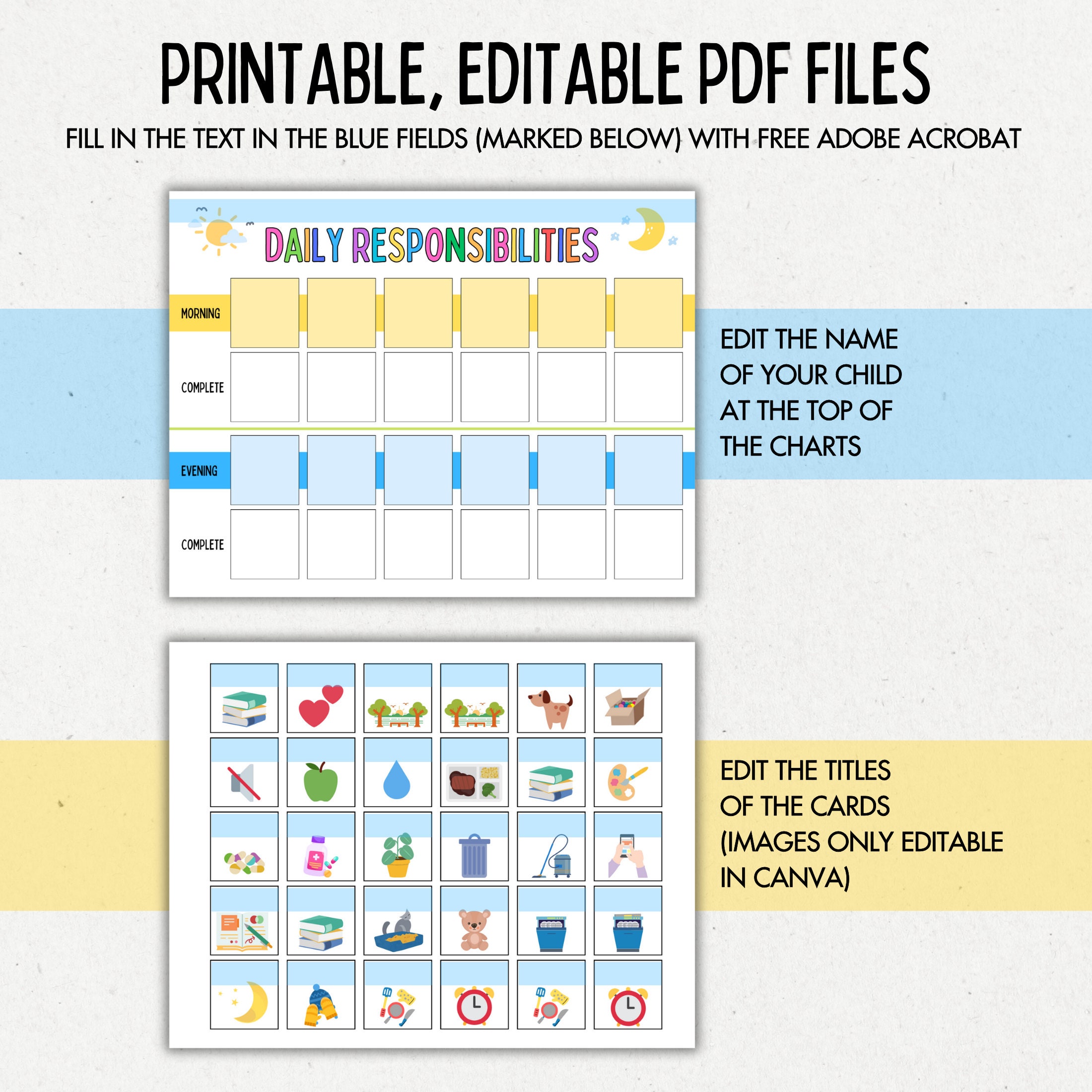 Kids Visual Routine Cards & Chart, Printable Daily Routine, Editable ...
