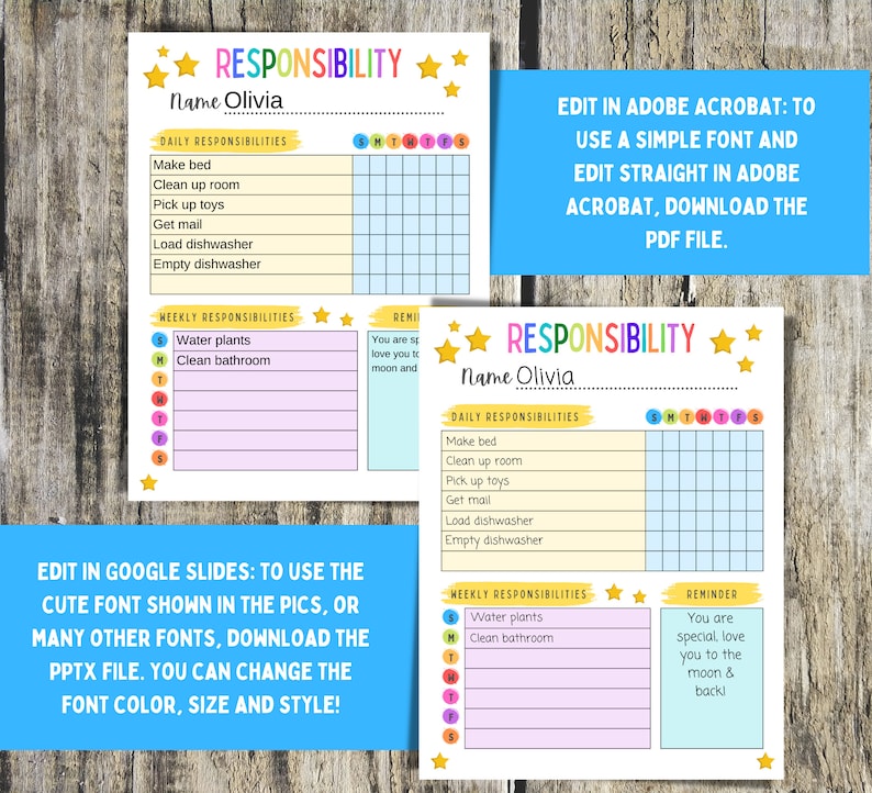 Printable Kids Chore Chart: Editable Responsibility Chart (digital PDF ...