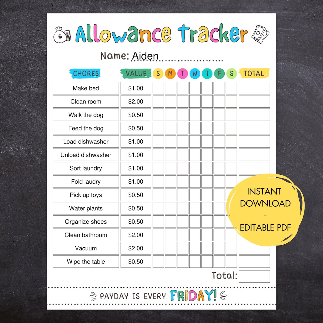 Kids Allowance Chart, Allowance Tracker, Editable, Chore Chart for Kids ...