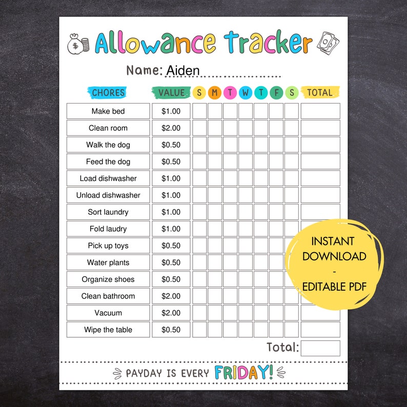 Kids Allowance Chart, Allowance Tracker, Editable, Chore Chart for Kids ...