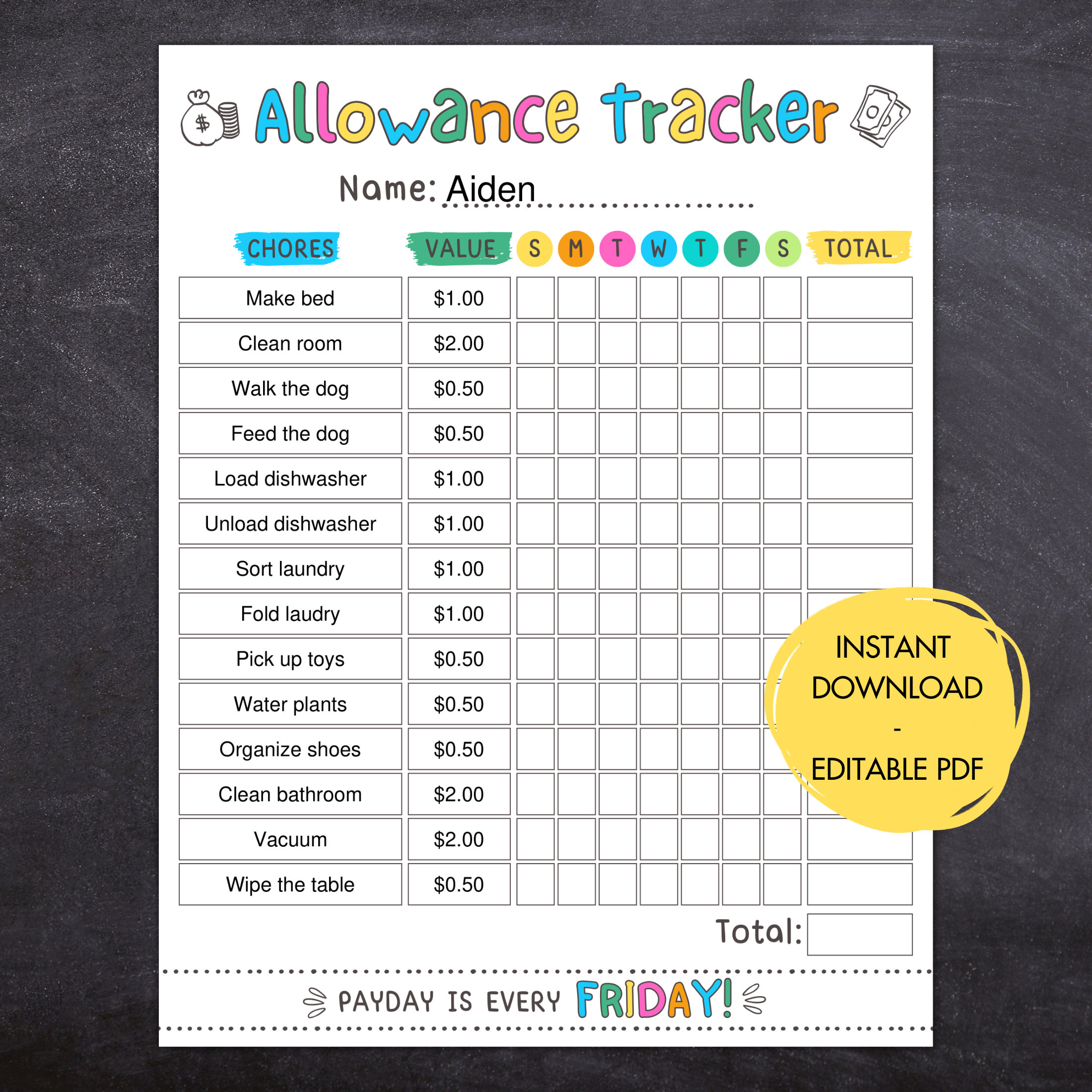 Kids Allowance Chart, Allowance Tracker, Editable, Chore Chart for Kids ...