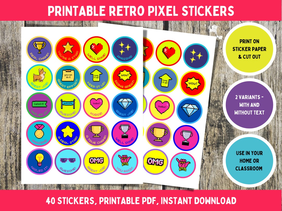 Printable Reward Sticker for Kids, Pixel Art Stickers, Teacher Reward ...