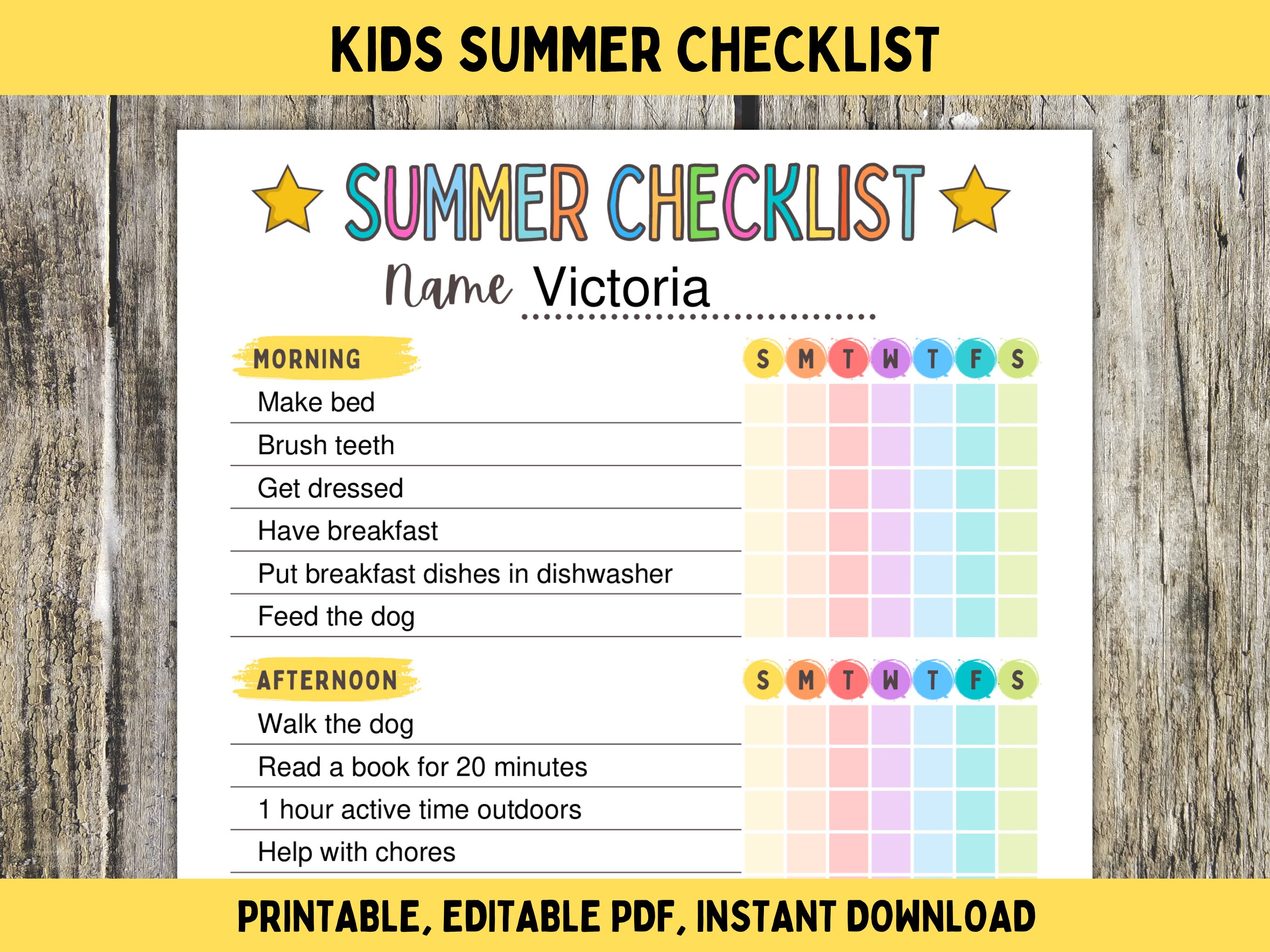 Printable Summer Checklist for Kids, Editable Kids Responsibility Chart ...