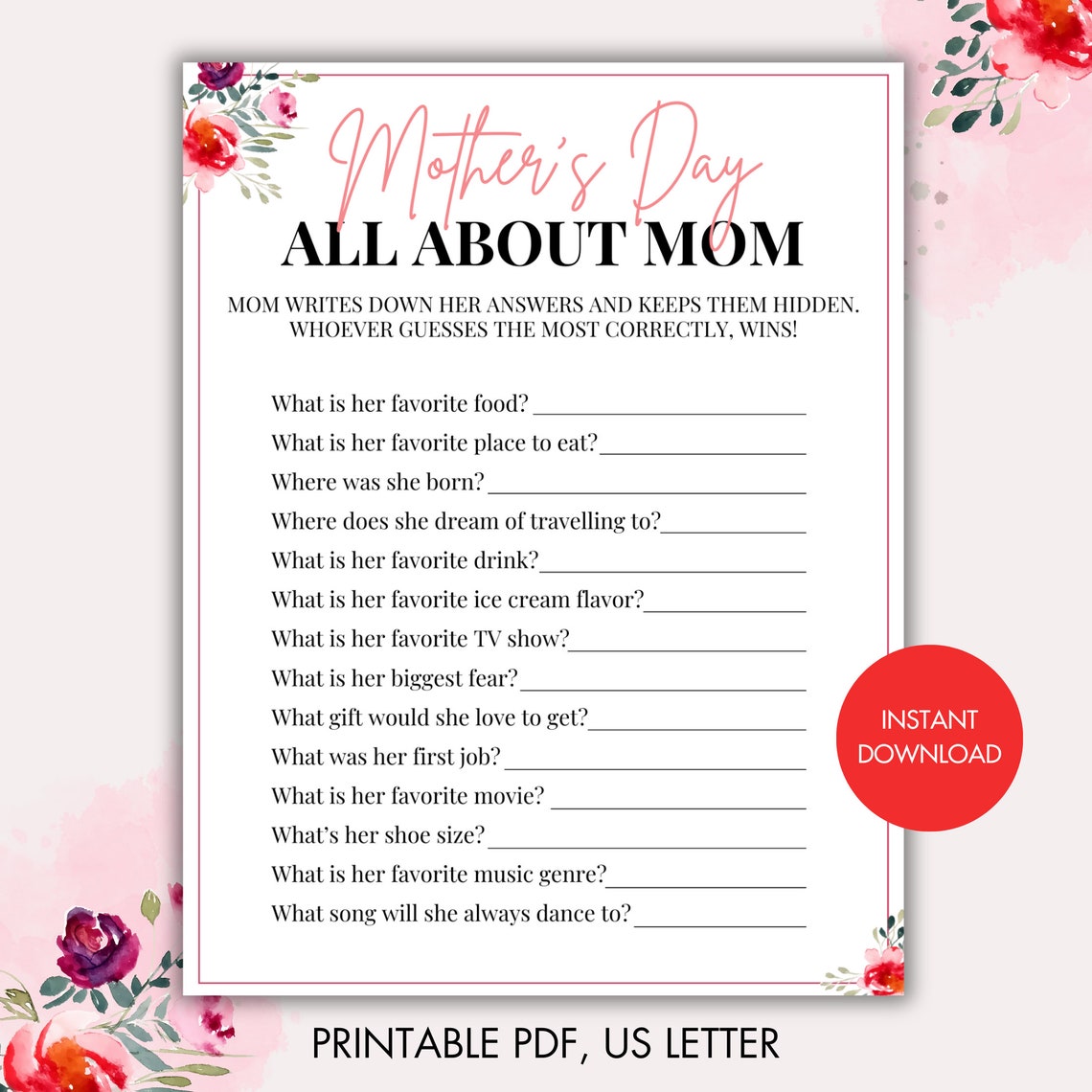 Who Knows Mom Best, Printable Game, Who Knows Mummy Quiz, All About Mom ...