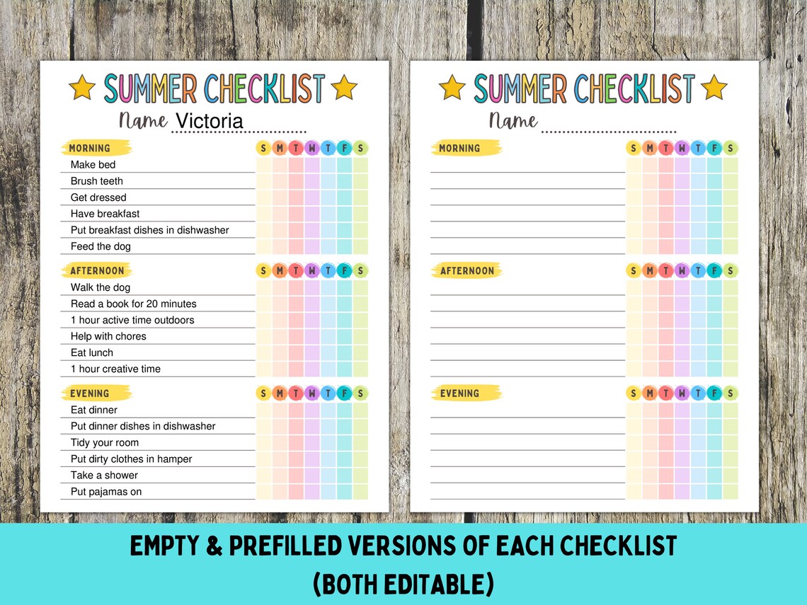 Printable Summer Checklist for Kids, Editable Kids Responsibility Chart ...