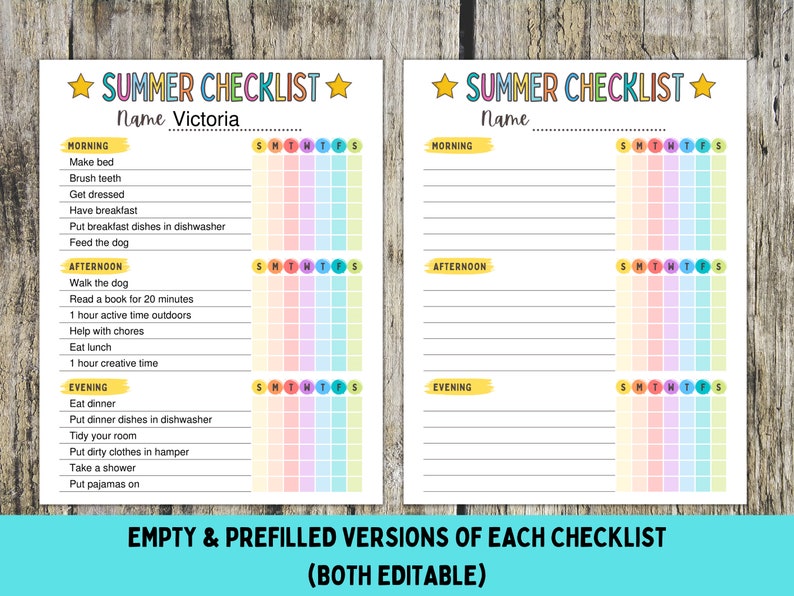Printable Summer Checklist for Kids, Editable Kids Responsibility Chart ...