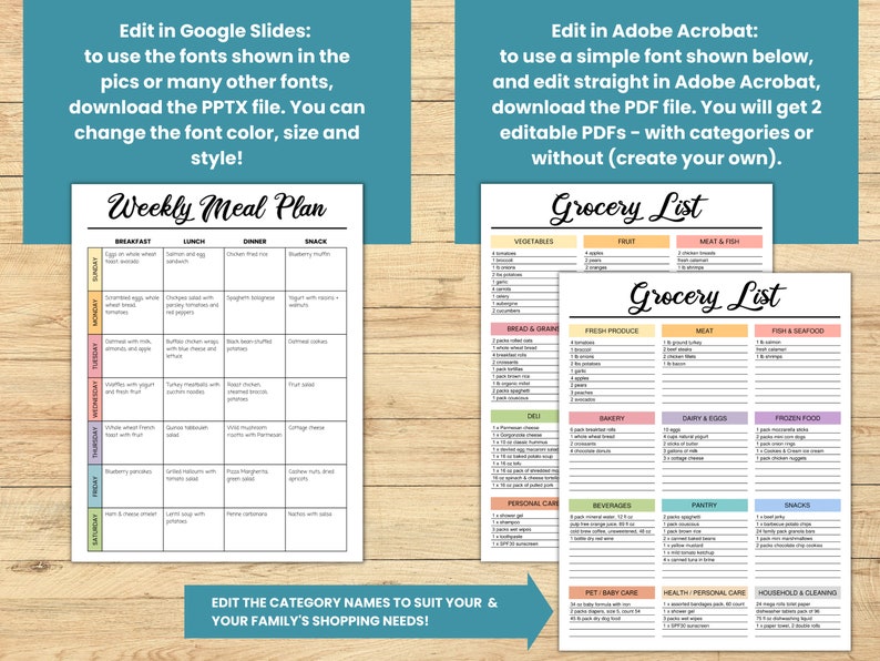 Editable Weekly Meal Planner, Grocery List, Printable Weekly Menu ...